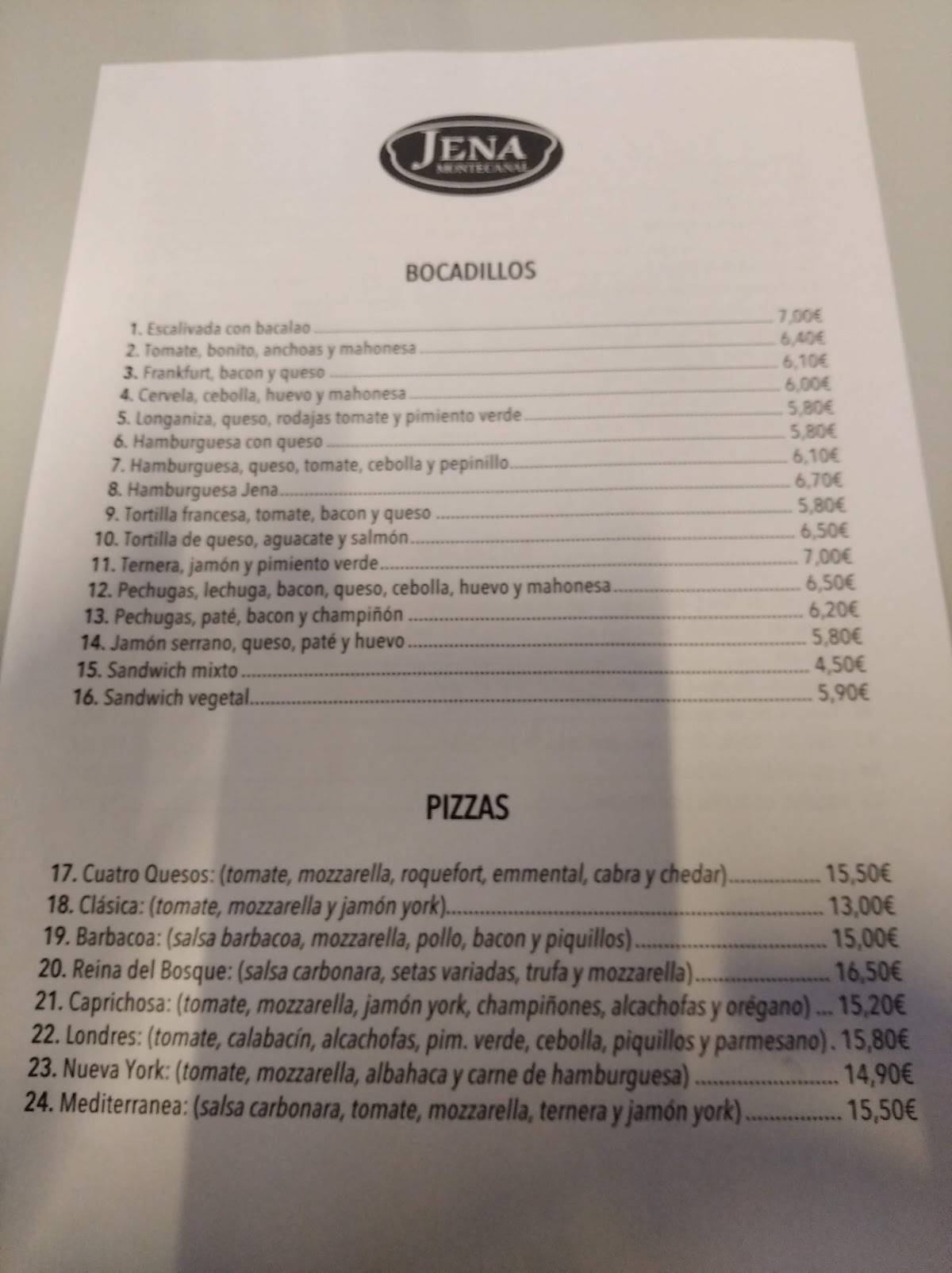 Carta de Jena Montecanal Restaurante, Zaragoza