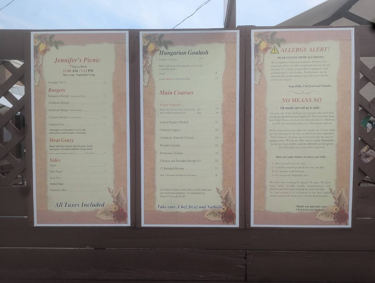 Menu at Jennifer's Restaurant-Picnic, Seven Sisters Falls