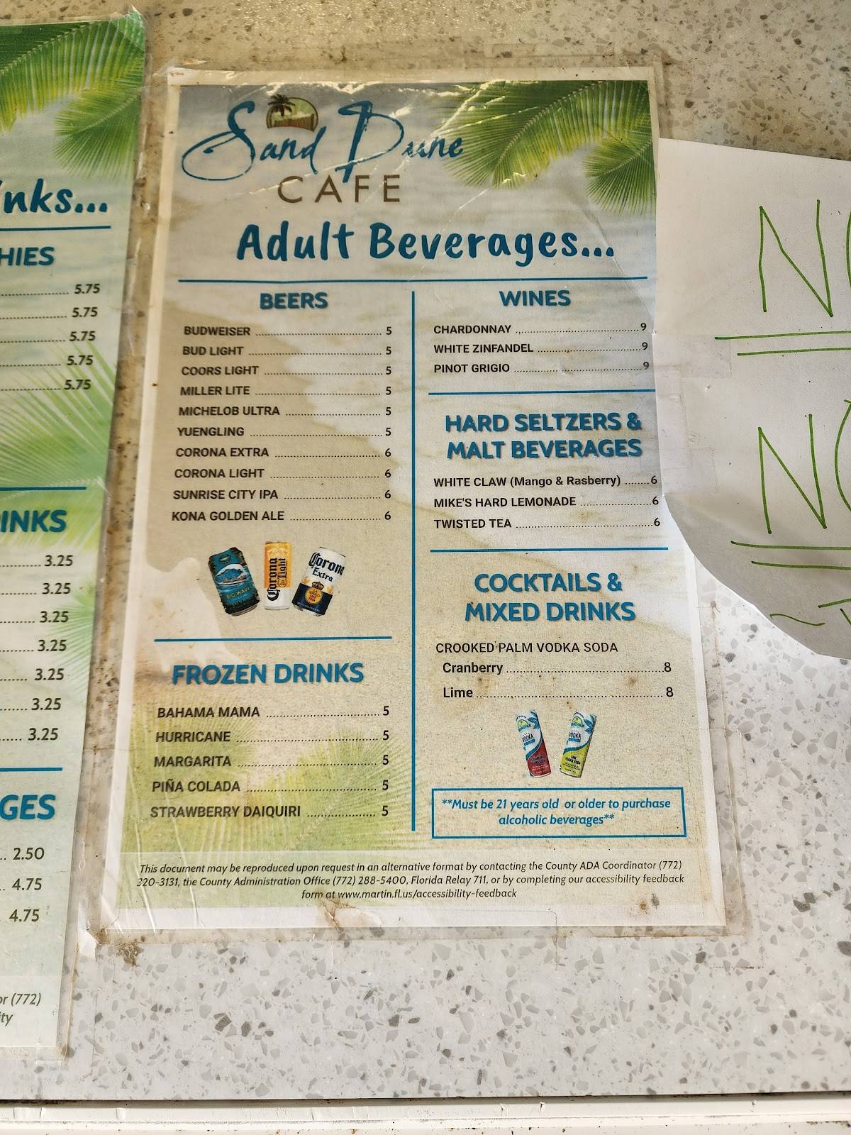 Menu at Sand Dune Cafe, Jensen Beach