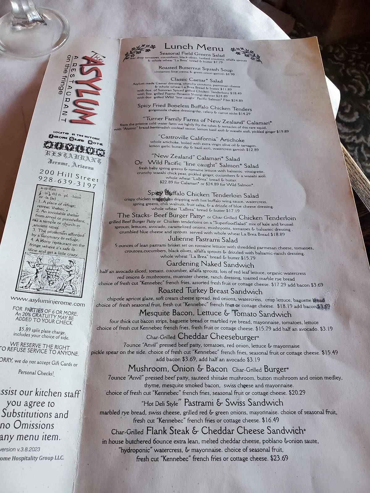 Menu at Asylum Restaurant, Jerome