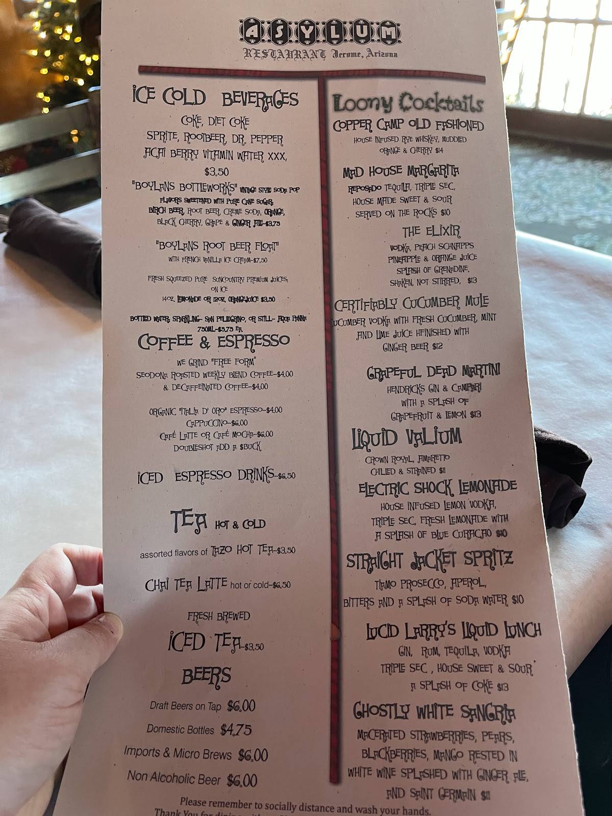 Menu at Asylum Restaurant, Jerome