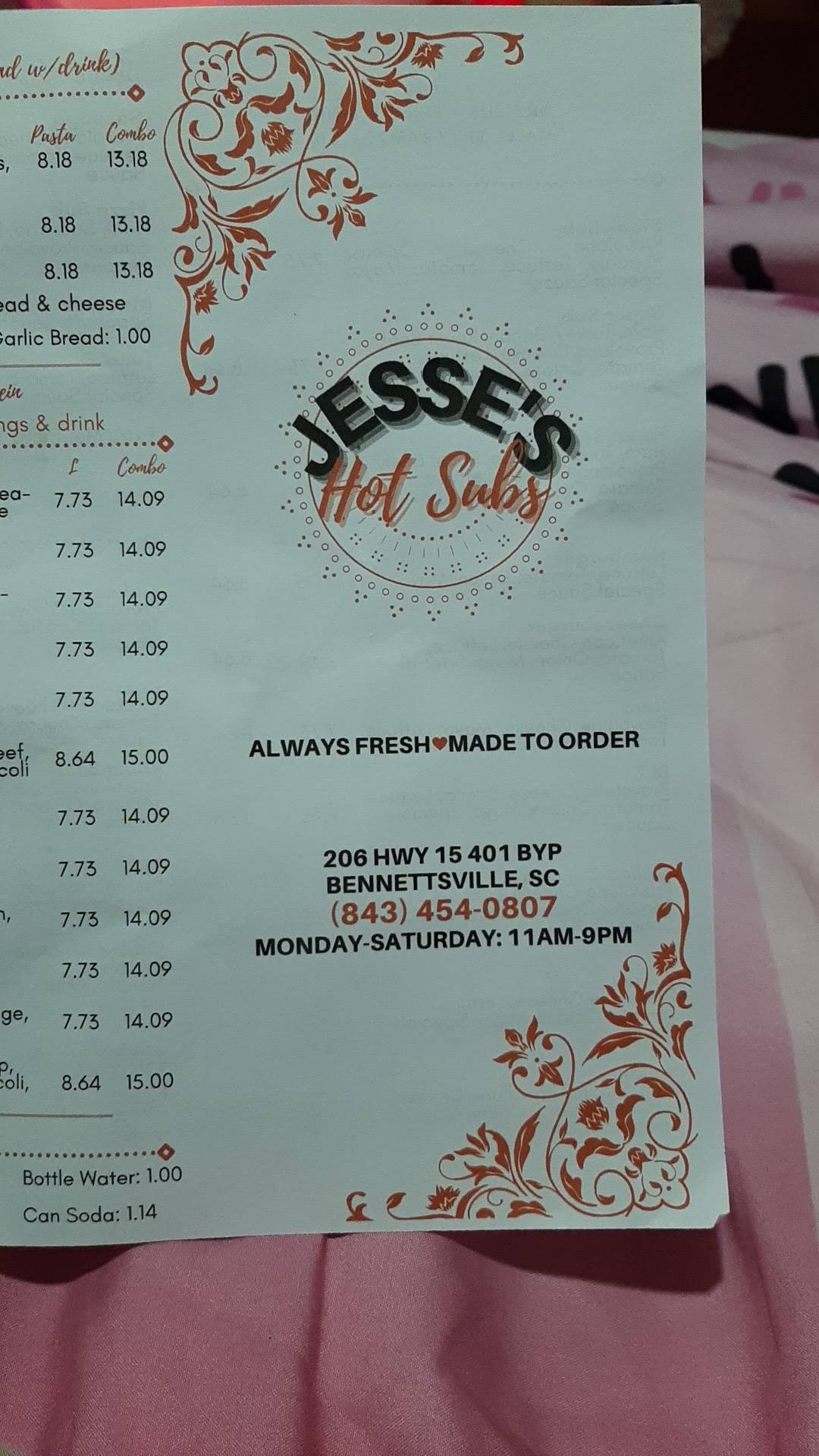 Menu at Jesse's Hot Subs pizzeria, Bennettsville