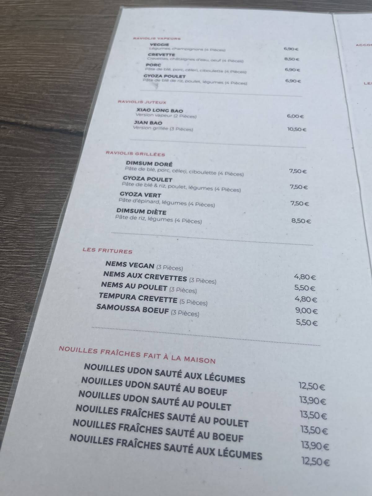 Menu au Jiao zi guan (l'art de ravioli) restaurant, Toulouse