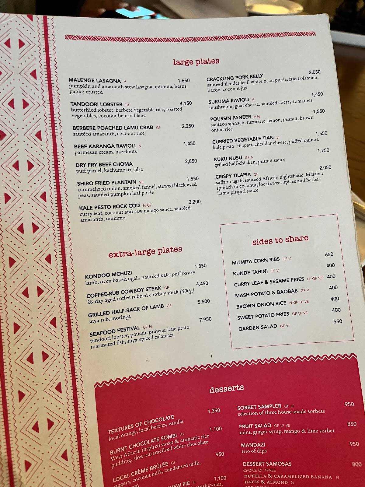 Menu at Jiko Restaurant At Tribe Hotel, Nairobi
