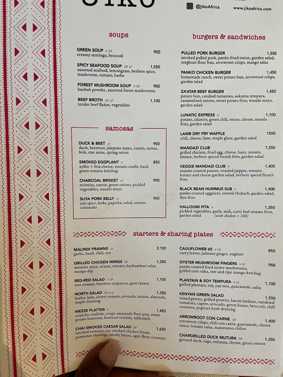Menu at Jiko Restaurant At Tribe Hotel, Nairobi