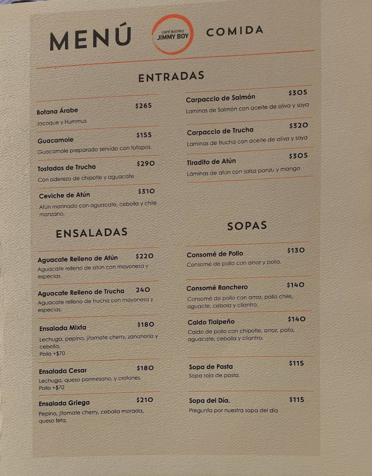 Carta de Jimmy Boy Café Bistro Parques Plaza, Ciudad de México