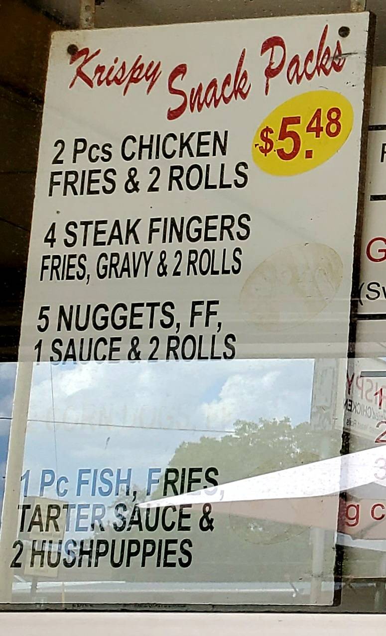 Menu at Jim's Krispy Fried Chicken restaurant, Mexia
