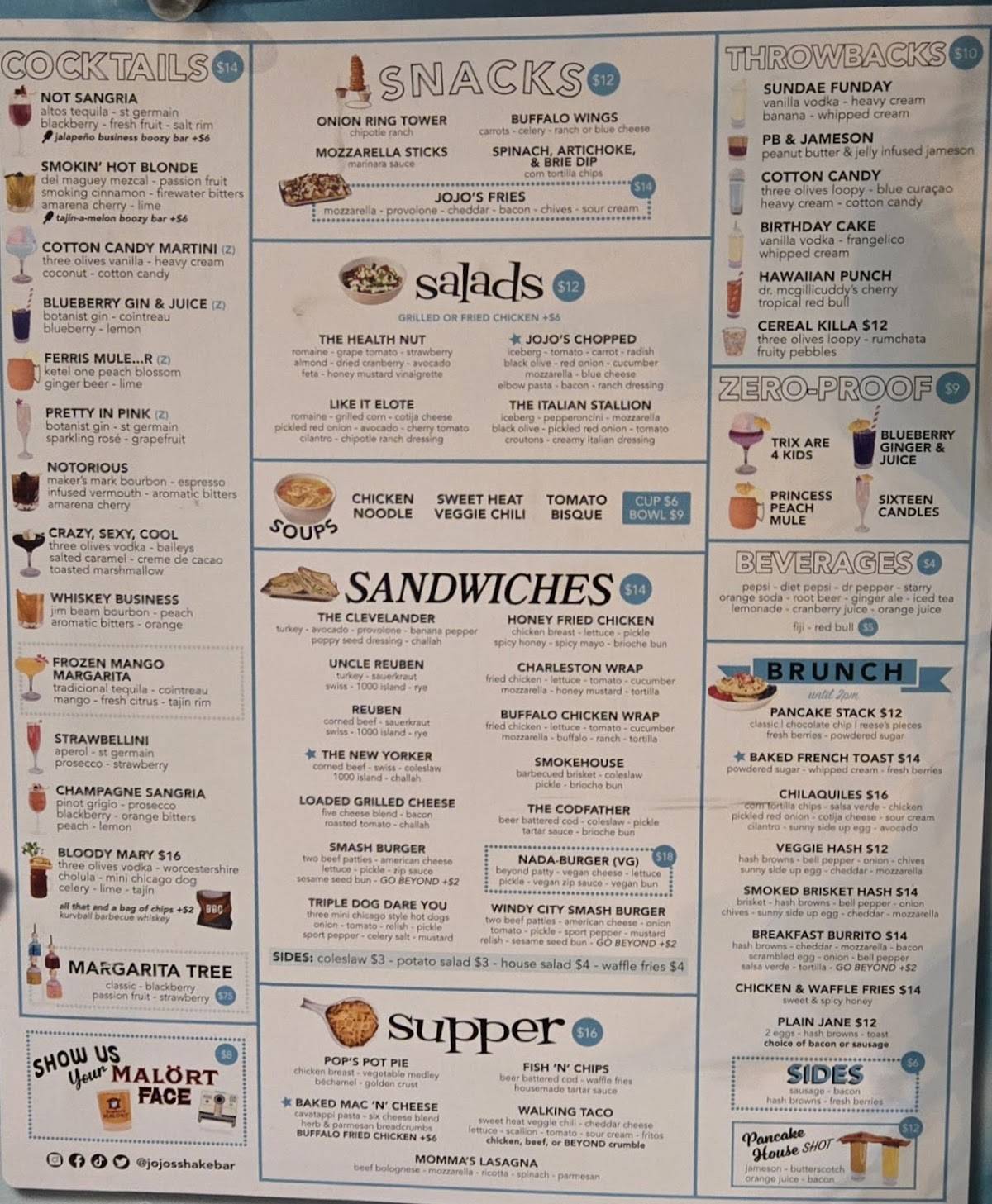 Menu at JoJo's Shake Bar - Chicago, Chicago, 23 W Hubbard St