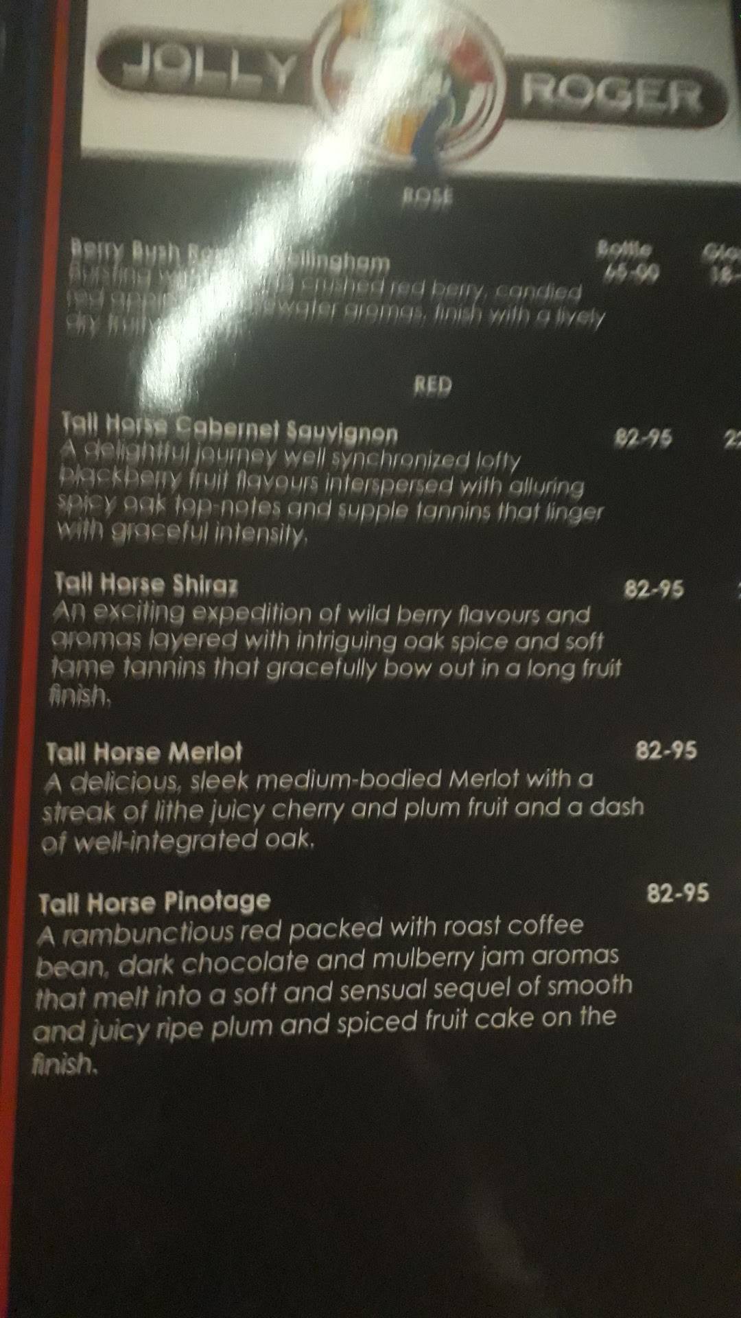 Menu at Jolly Roger restaurant, Randburg