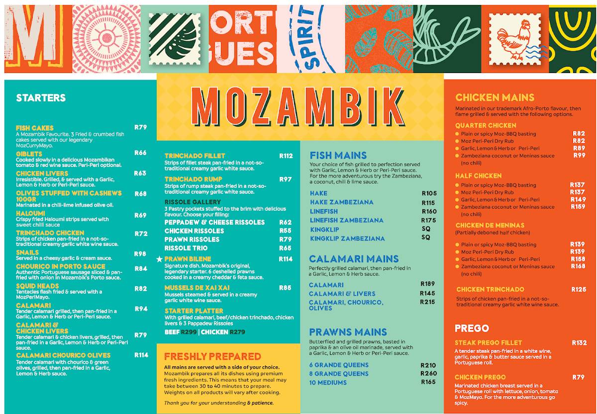 Menu at Mozambik Linksfield restaurant, Johannesburg, 110 Cnr of Club