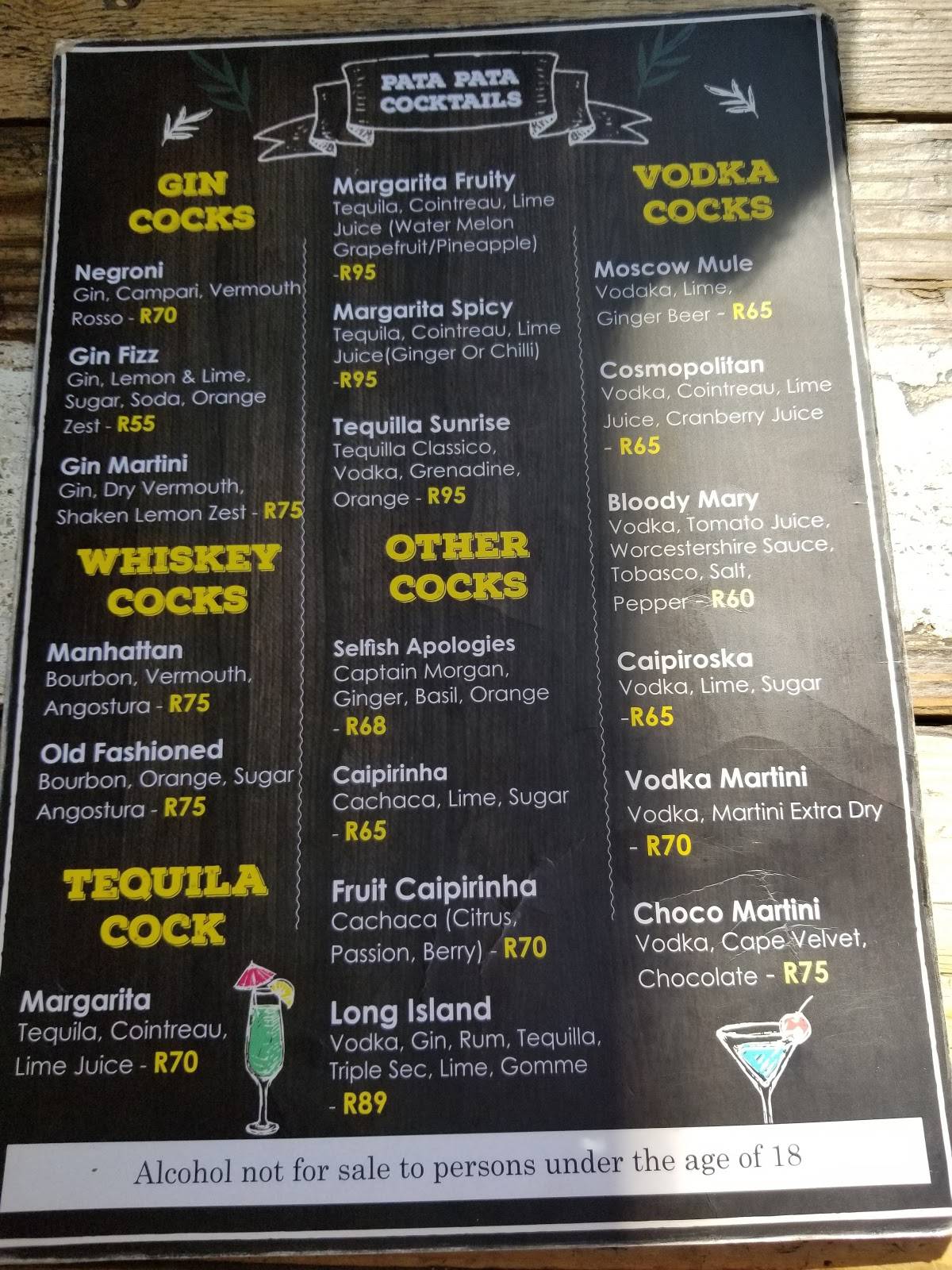 Menu at Pata Pata restaurant, Johannesburg, 286 Fox St