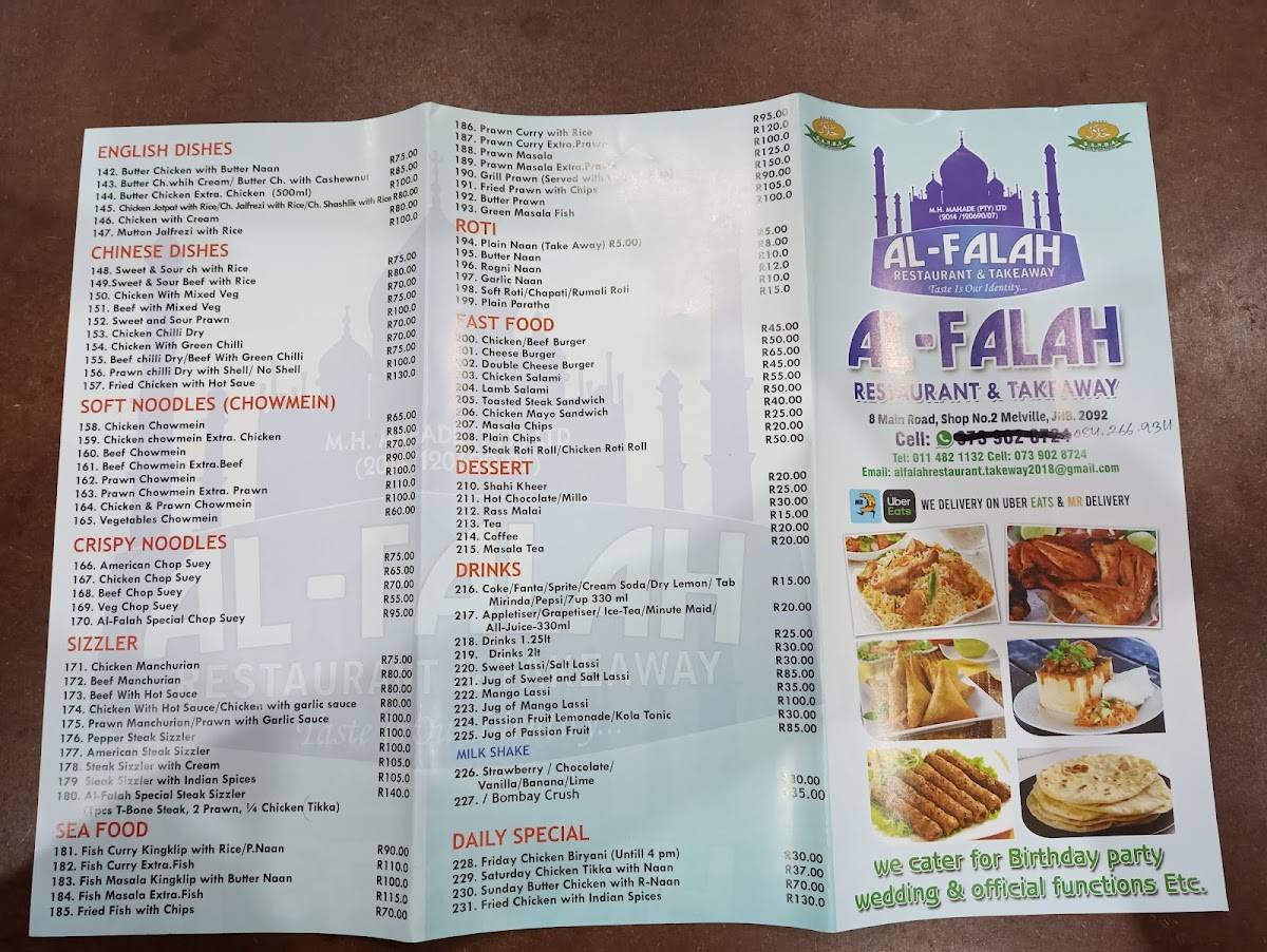 Menu at al-falah restaurant & takeway, Johannesburg, 8 Main Rd
