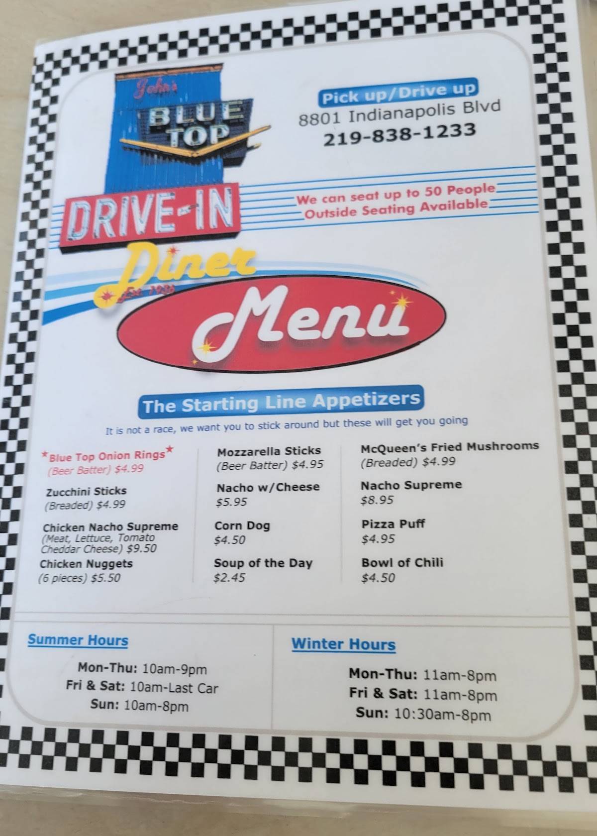Menu at Johns’ Blue Top Drive In restaurant, Highland