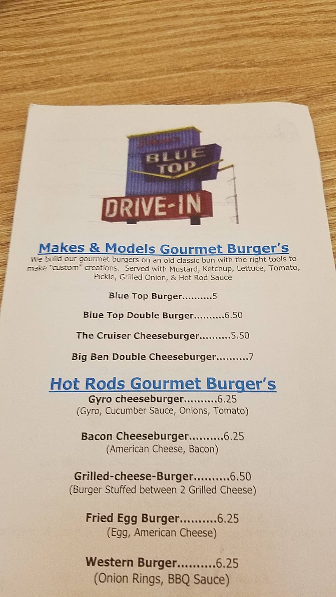 Menu at Johns’ Blue Top Drive In restaurant, Highland