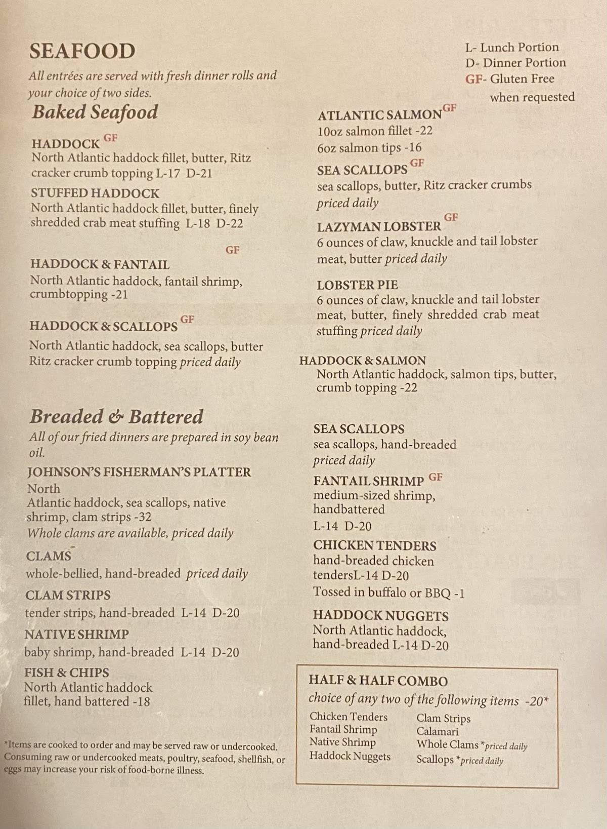 Menu at Johnson's Seafood and Steak restaurant, New Durham
