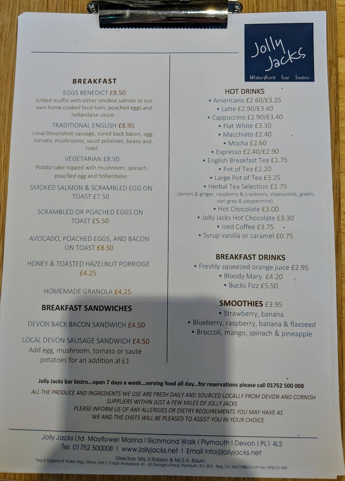Menu at Jolly Jacks restaurant, Plymouth, Jolly Jacks