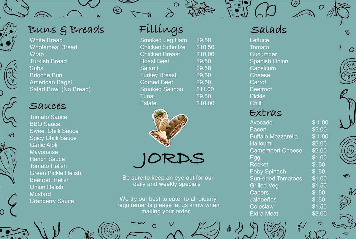 Menu at Jords Sandwich Bar, Katoomba