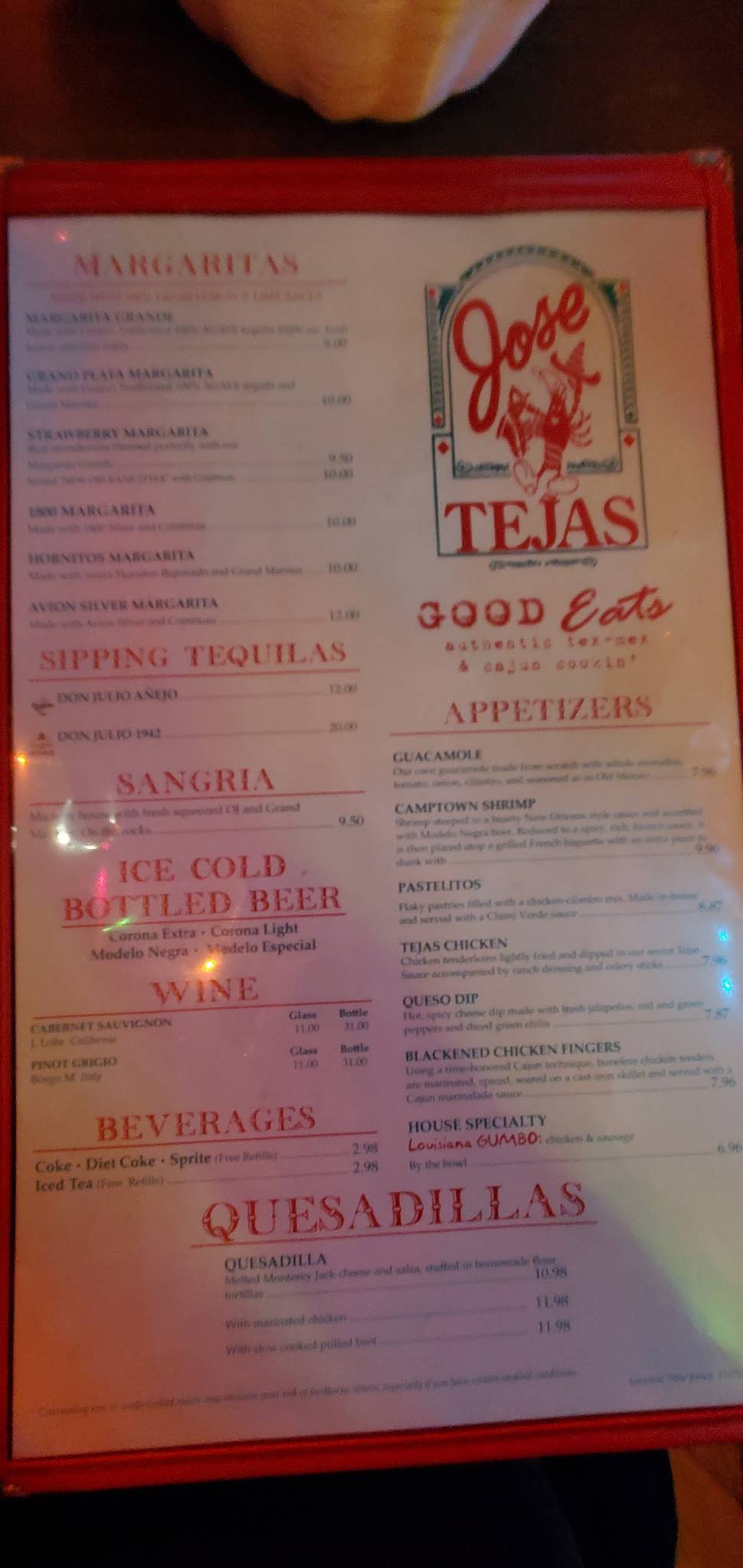 Menu at Jose Tejas restaurant, Fairfield, 647 US-46
