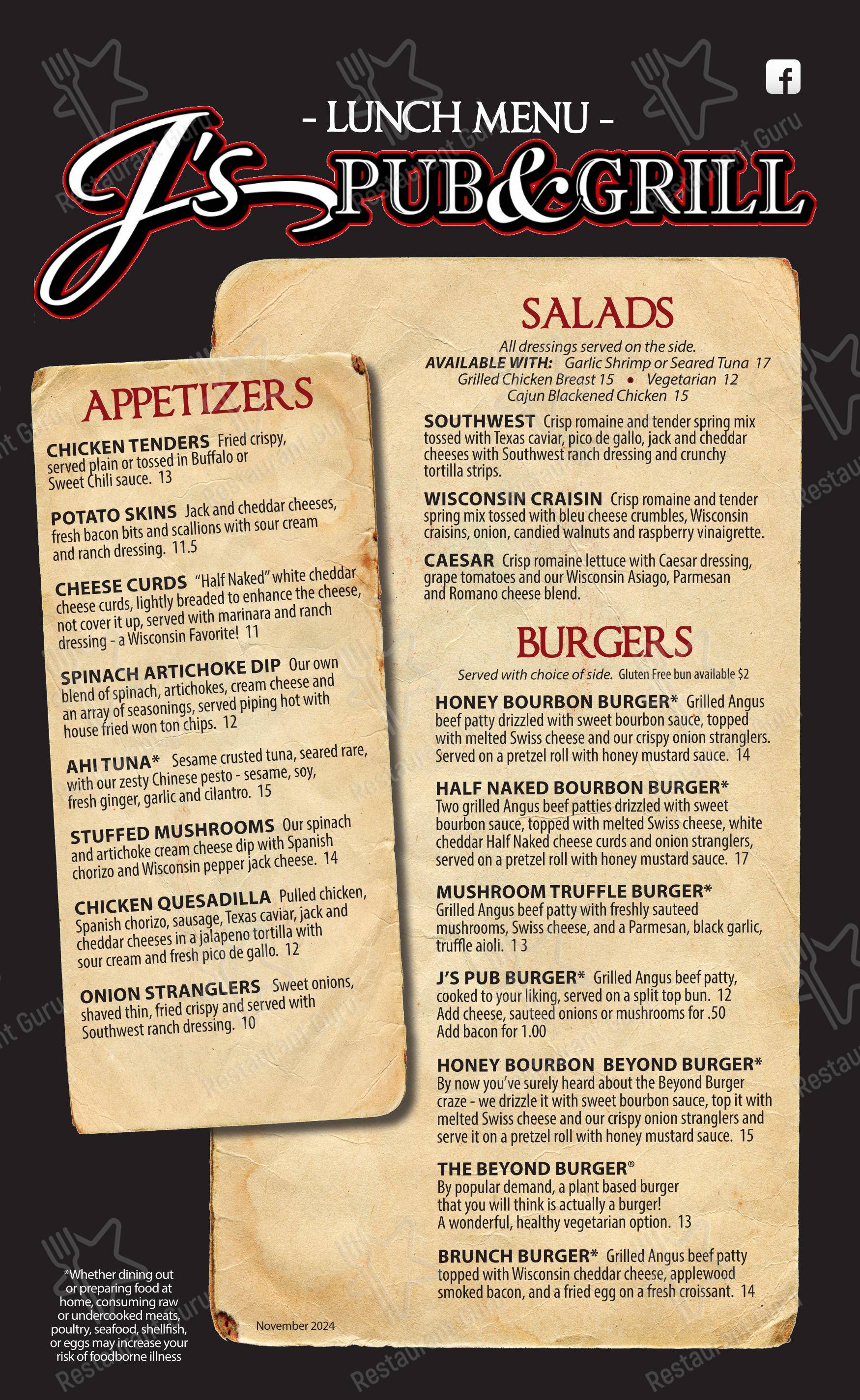 Menu at J's Pub & Grill, Reedsburg