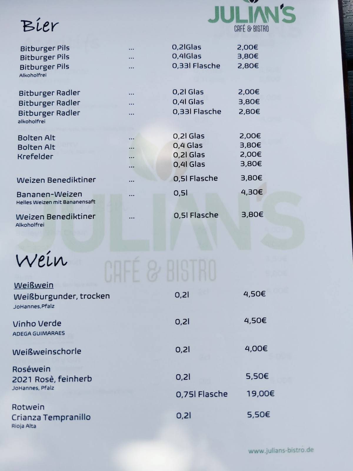 Carta de Julian´s Bistro, Willich