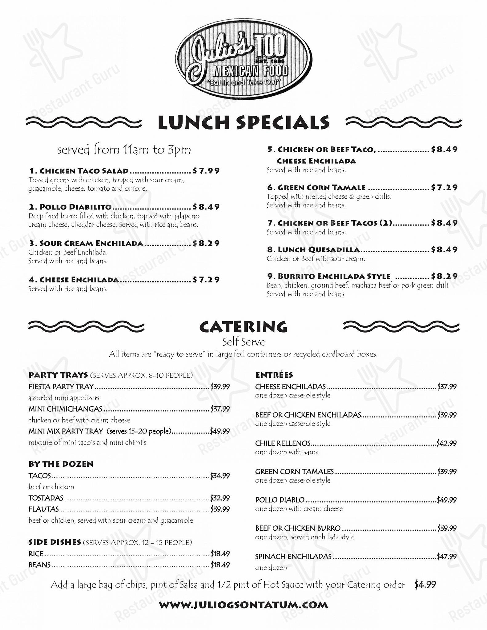 Menu at Julio's Too restaurant, Phoenix, N Tatum Blvd