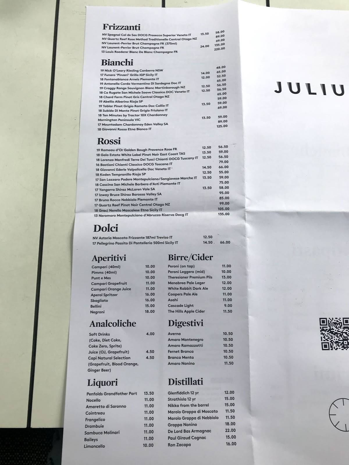 Menu at Julius Pizzeria, South Brisbane
