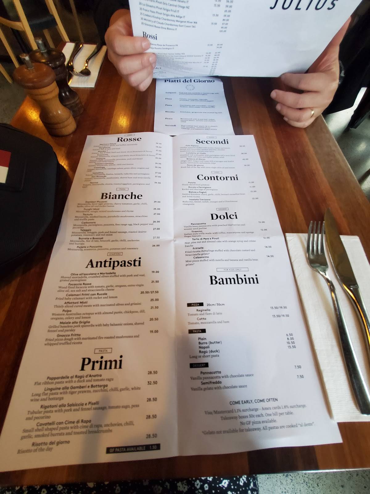 Menu at Julius Pizzeria, South Brisbane