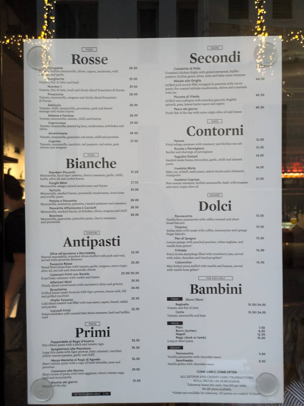 Menu at Julius Pizzeria, South Brisbane