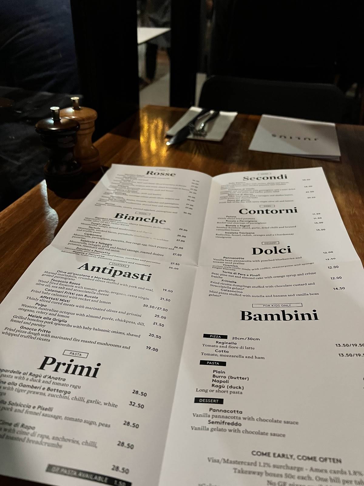 Menu at Julius Pizzeria, South Brisbane