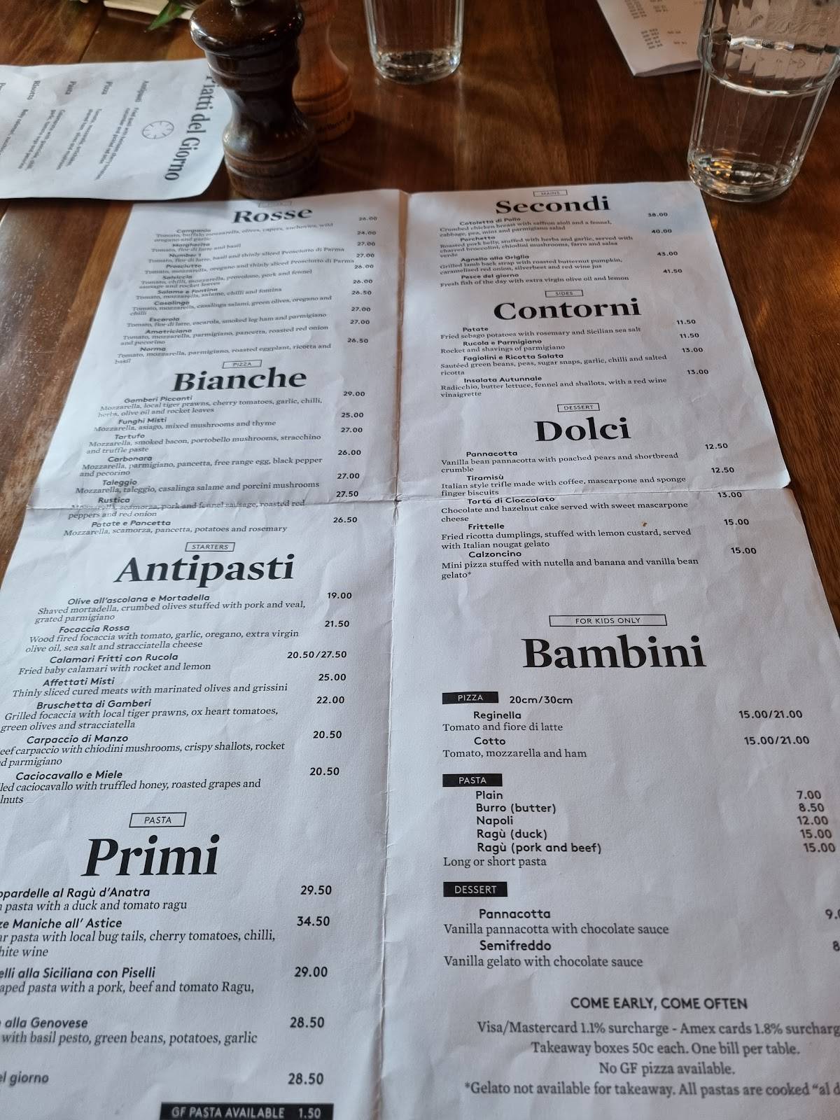 Menu at Julius Pizzeria, South Brisbane