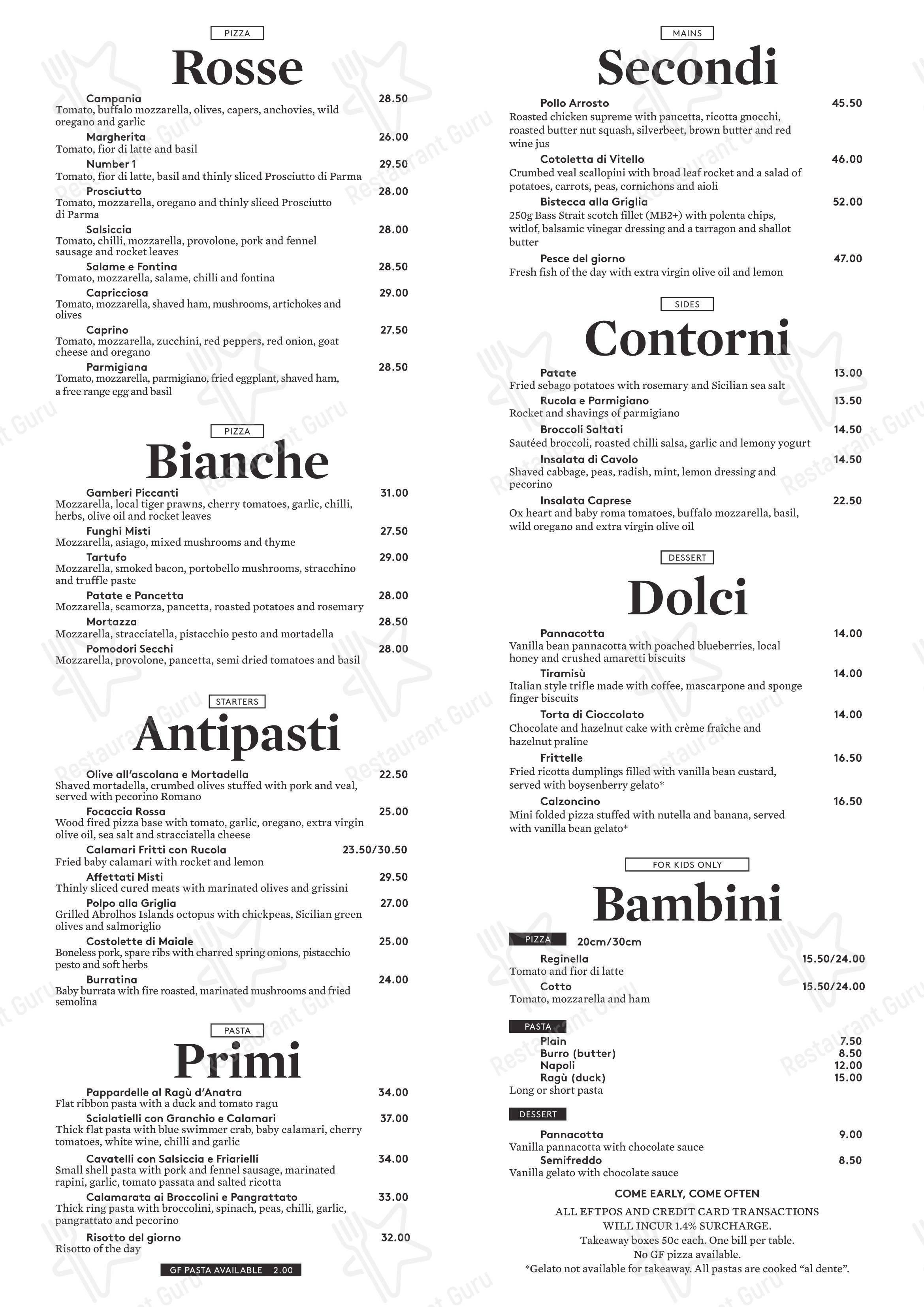 Menu at Julius Pizzeria, South Brisbane