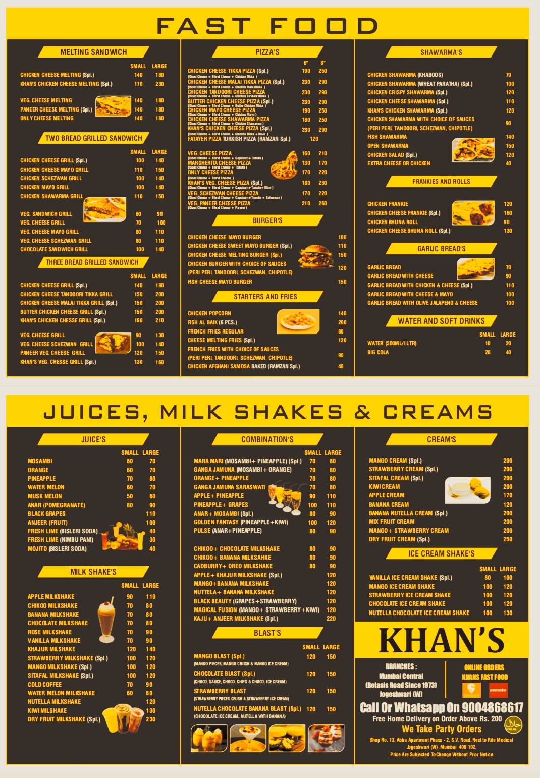 Menu at KHAN'S FAST FOOD & JUICE CENTRE, Mumbai