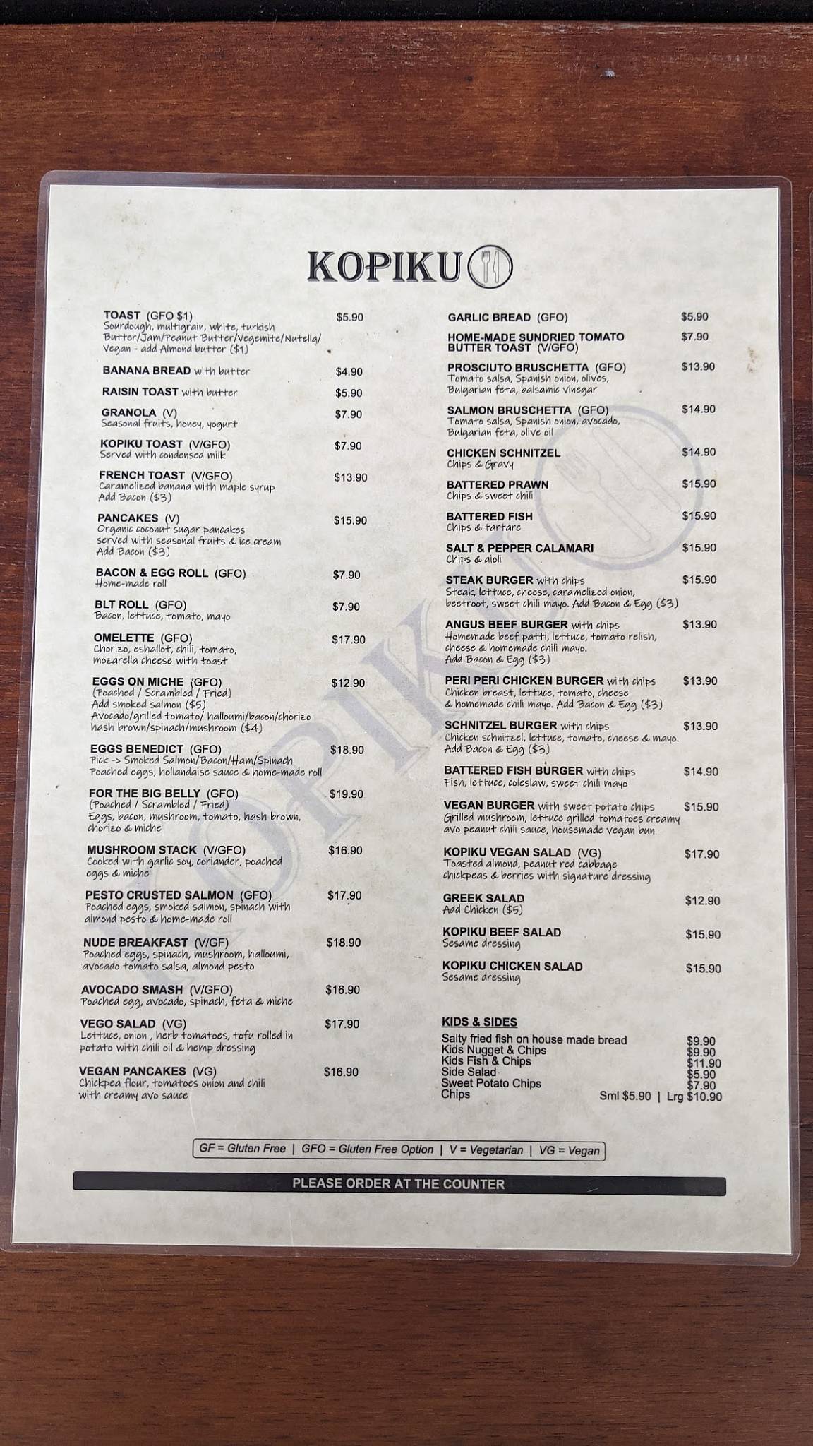 Menu at KOPIKU restaurant, O'Connor