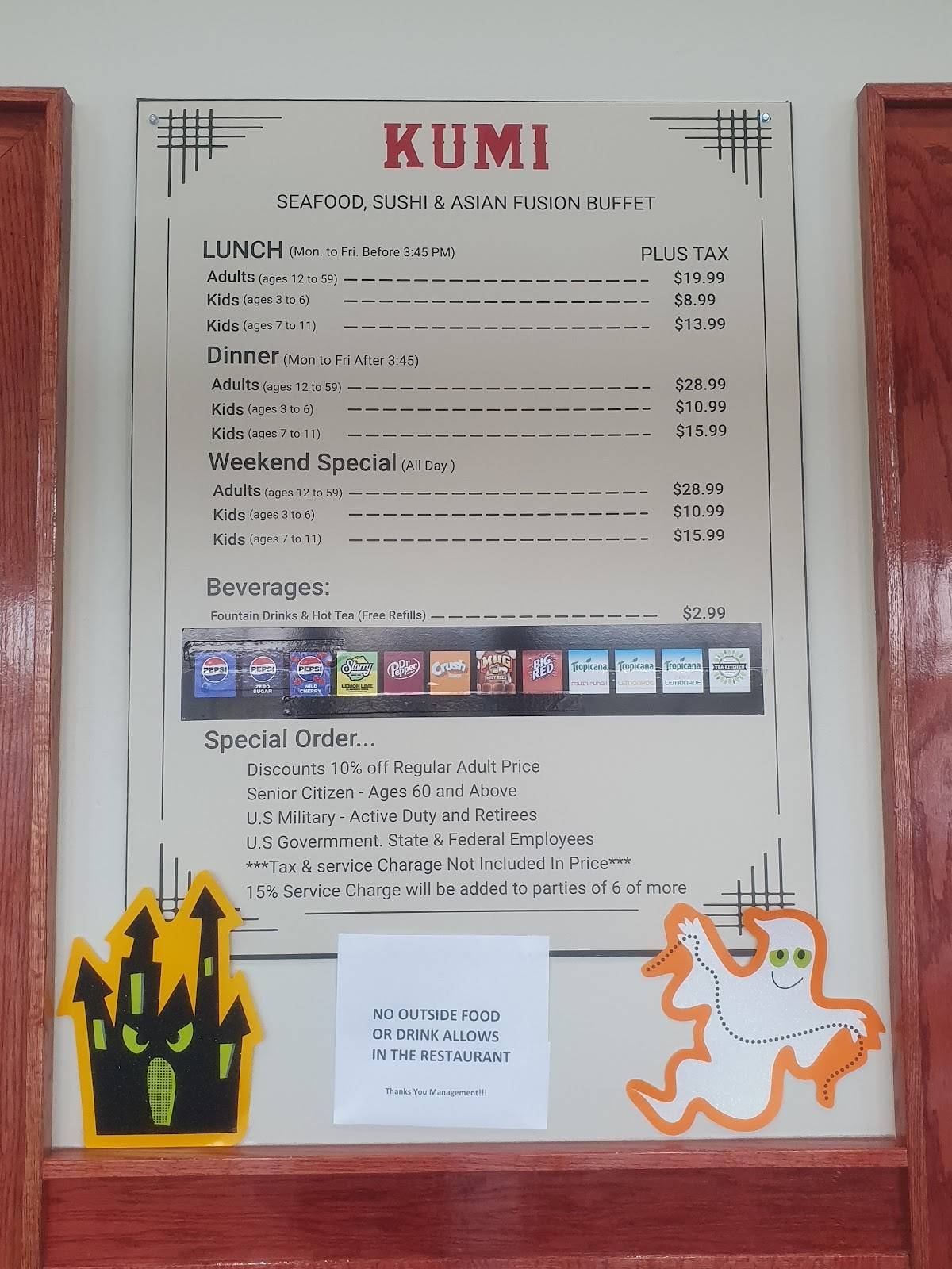 Menu at KUMI Seafood Sushi Chinese Buffet restaurant, San Antonio