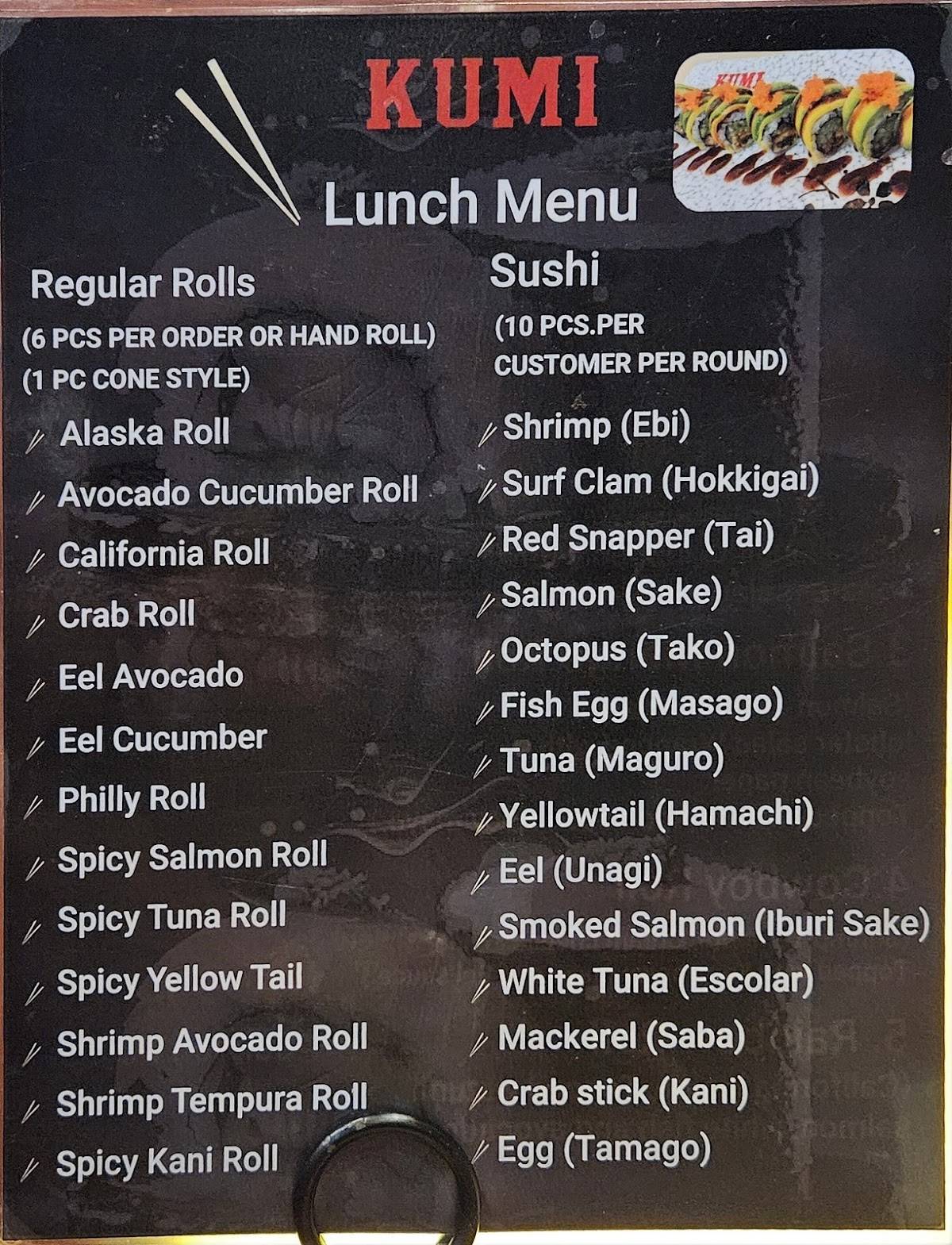 Menu at KUMI Seafood Sushi Chinese Buffet restaurant, San Antonio