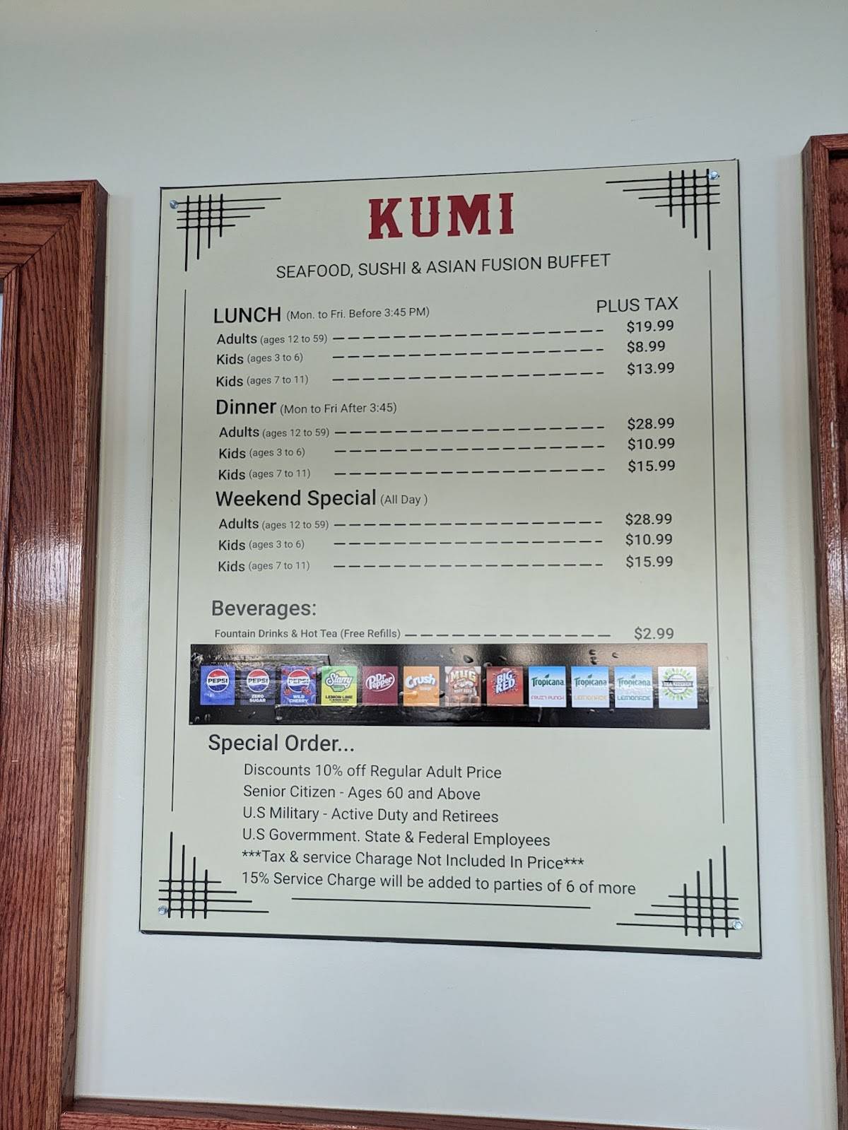 Menu at KUMI Seafood Sushi Chinese Buffet restaurant, San Antonio