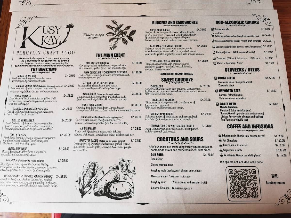 Menu at KUSYKAY Peruvian Craft Food restaurant, Cusco