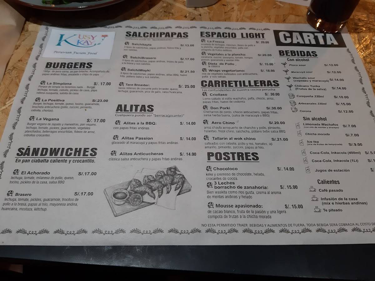 Menu at KUSYKAY Peruvian Craft Food restaurant, Cusco
