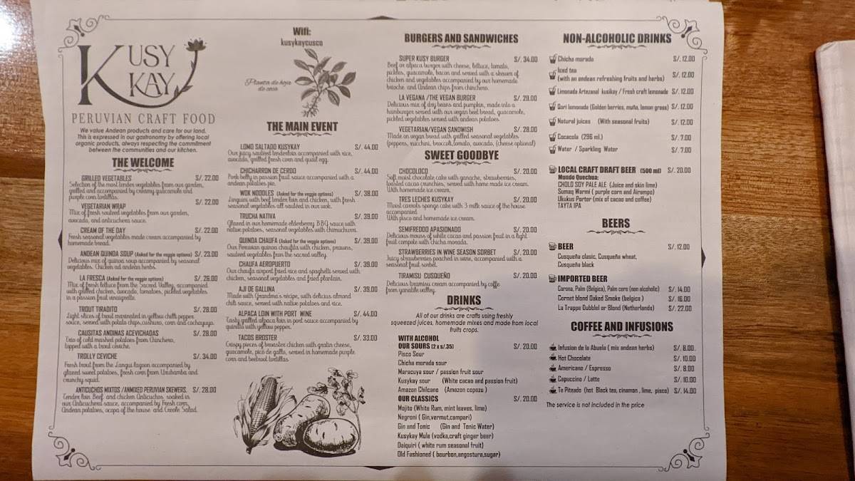 Menu at KUSYKAY Peruvian Craft Food restaurant, Cusco