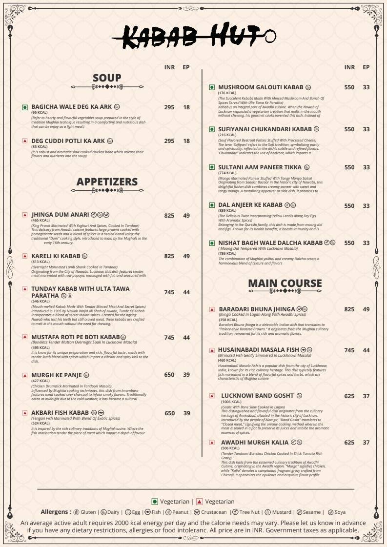 Menu at Kabab Hut, Nagpur, Wardha Road