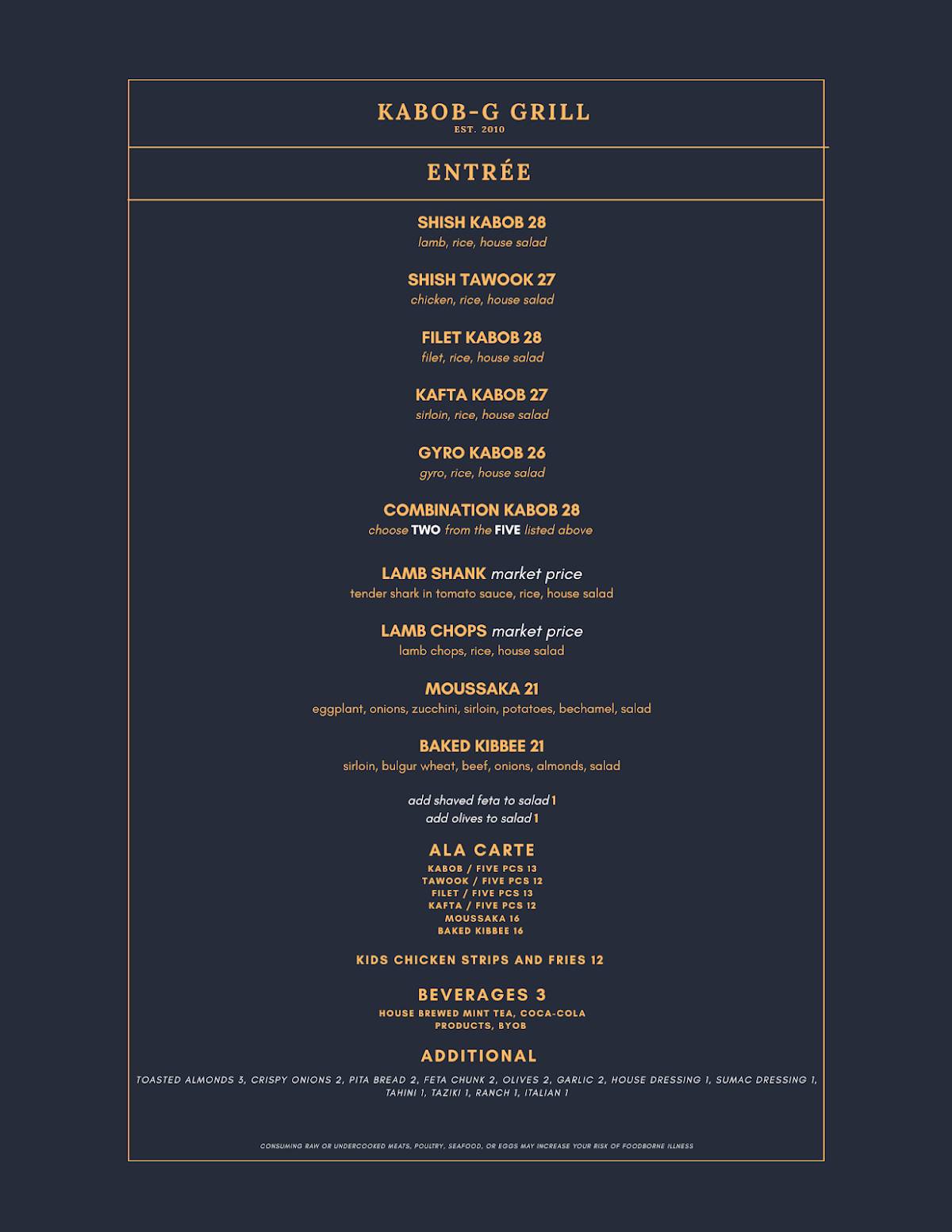 Menu at Kabob-G Grill restaurant, Pittsburgh