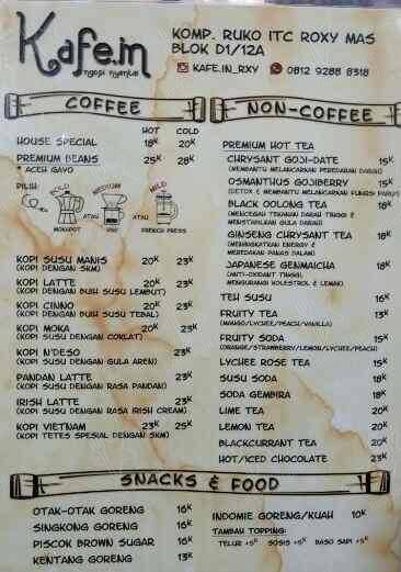 Menu at Kafe.in cafe, Central Jakarta
