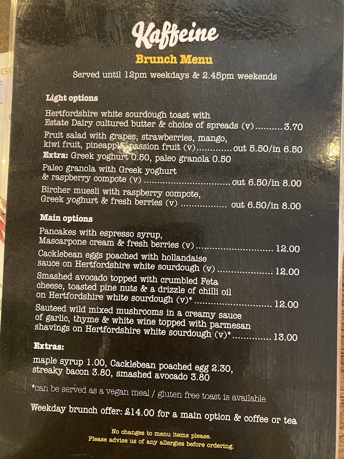 Menu at Kaffeine cafe, London, 15 Eastcastle St
