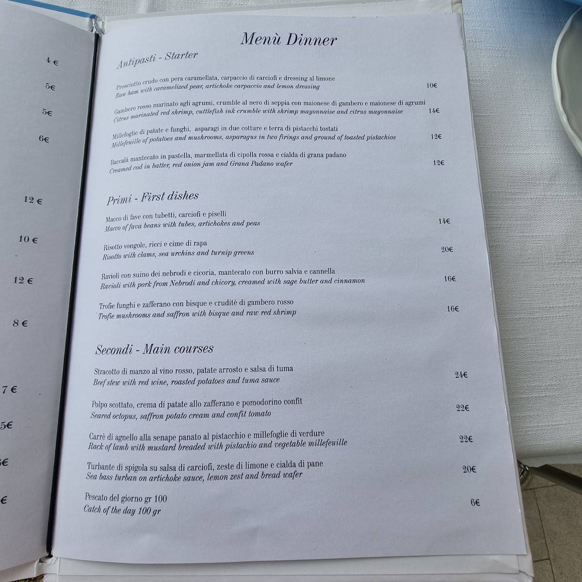 Menu at Kairos restaurant, Taormina