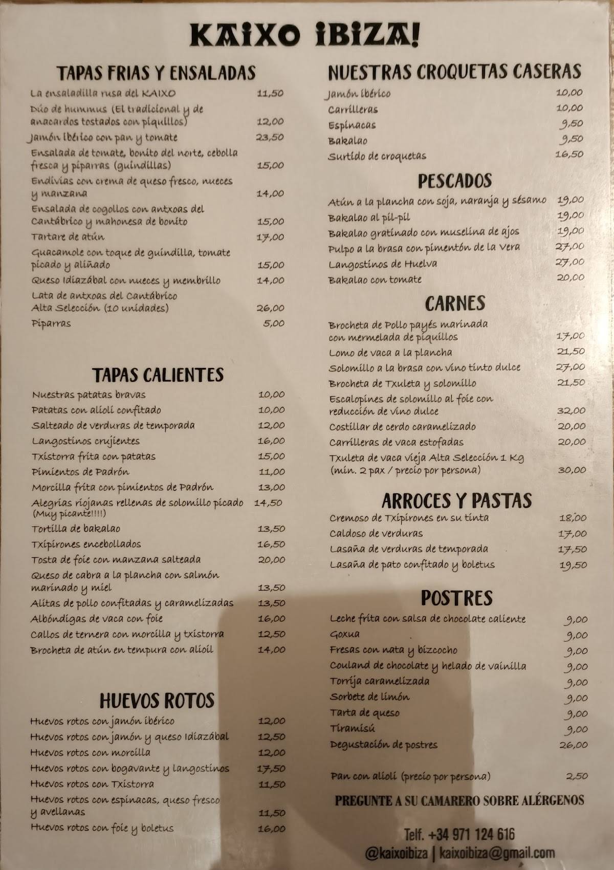 Menu at Kaixo Ibiza! restaurant, Ibiza, Carrer d'Antoni Jaume