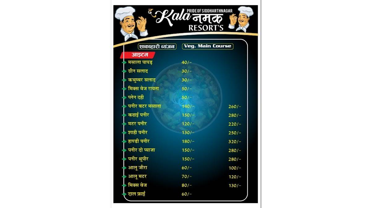 Menu at Kala Namak Resort, India