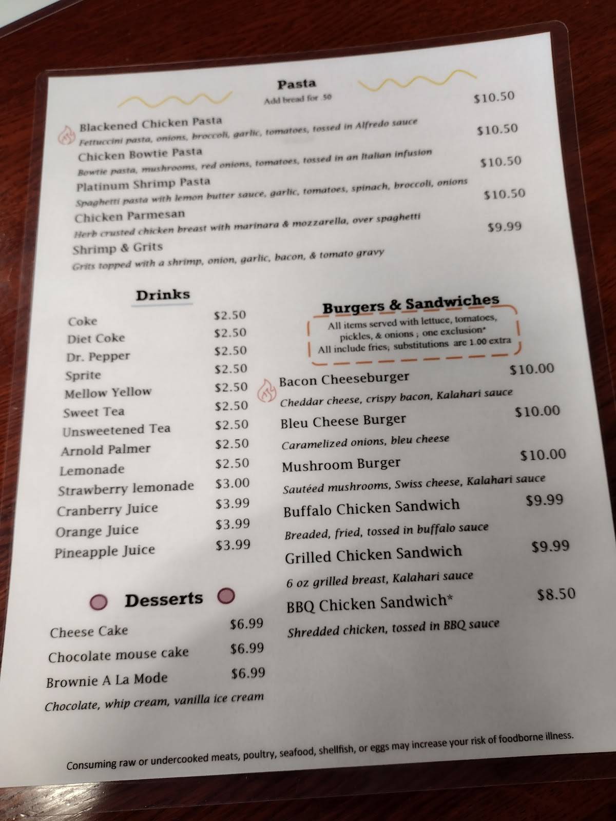 Menu at Kalahari Ocean Grill restaurant, Greer, SC-101