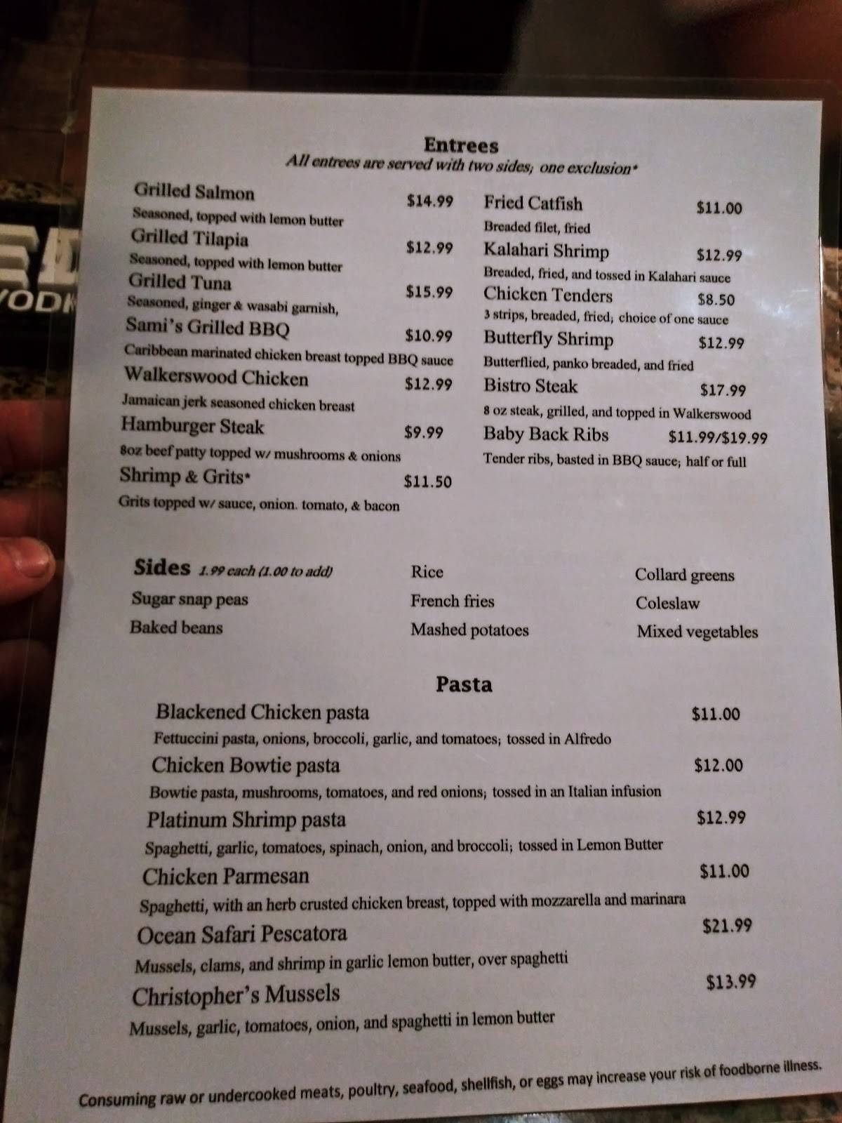 Menu at Kalahari Ocean Grill restaurant, Greer, SC-101