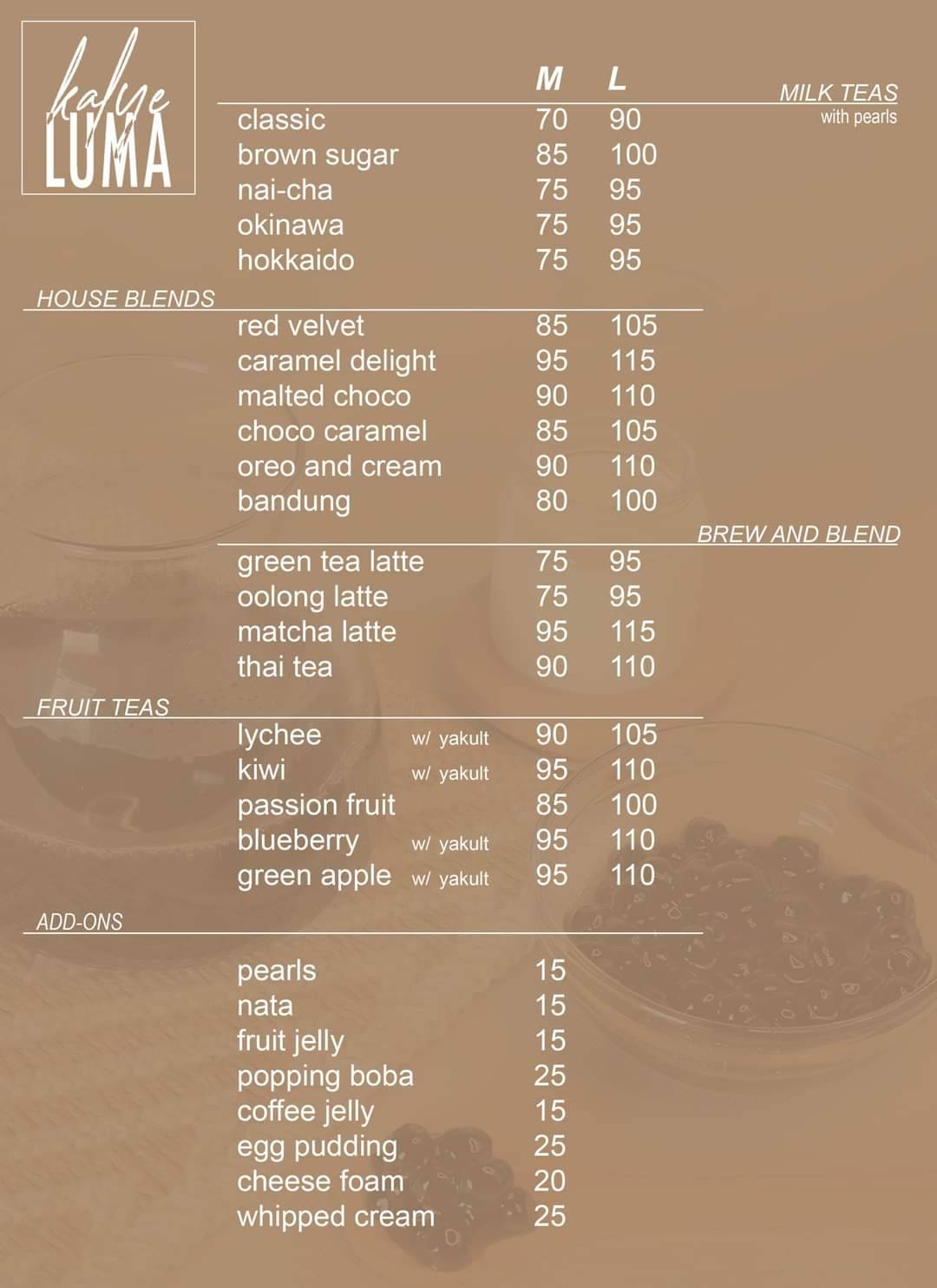 Menu at Kalye Luma cafe, Plaridel