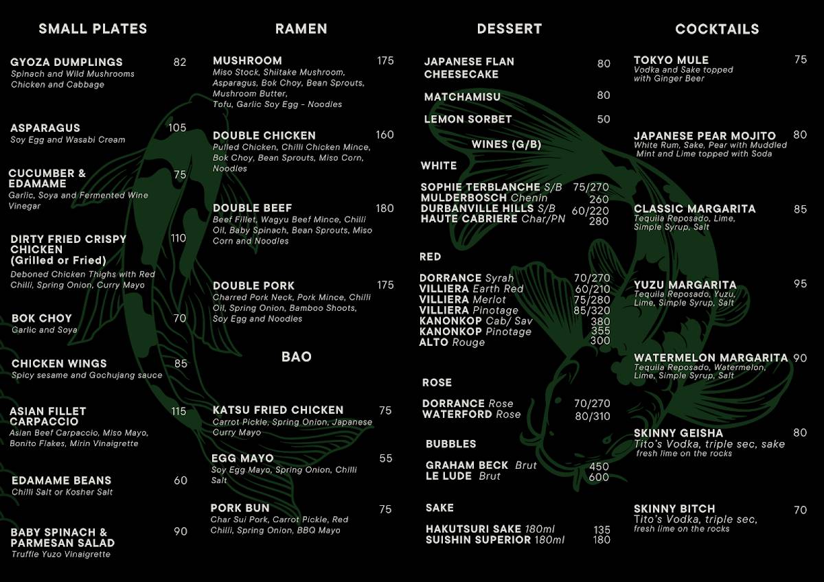 Menu at Kanji Ramen restaurant, Cape Town